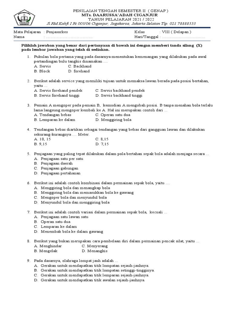 SOAL PTS KLS VIII Penjasorkes | PDF