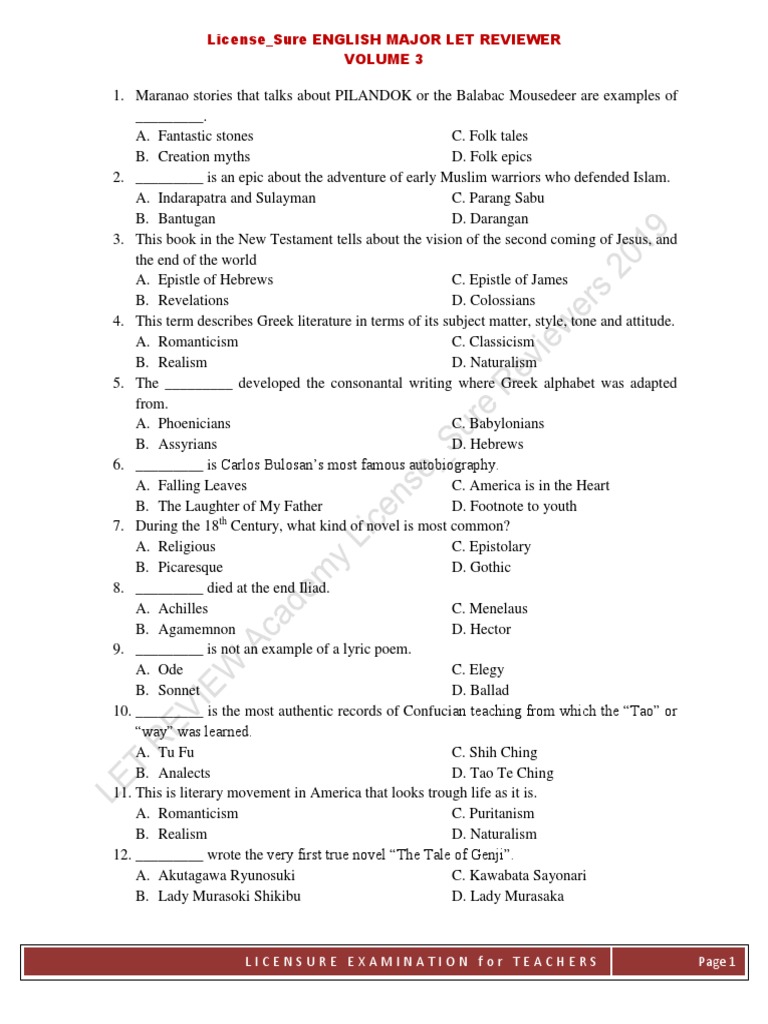 English Major Licensure Exam Review | PDF | Teachers | Divine Comedy