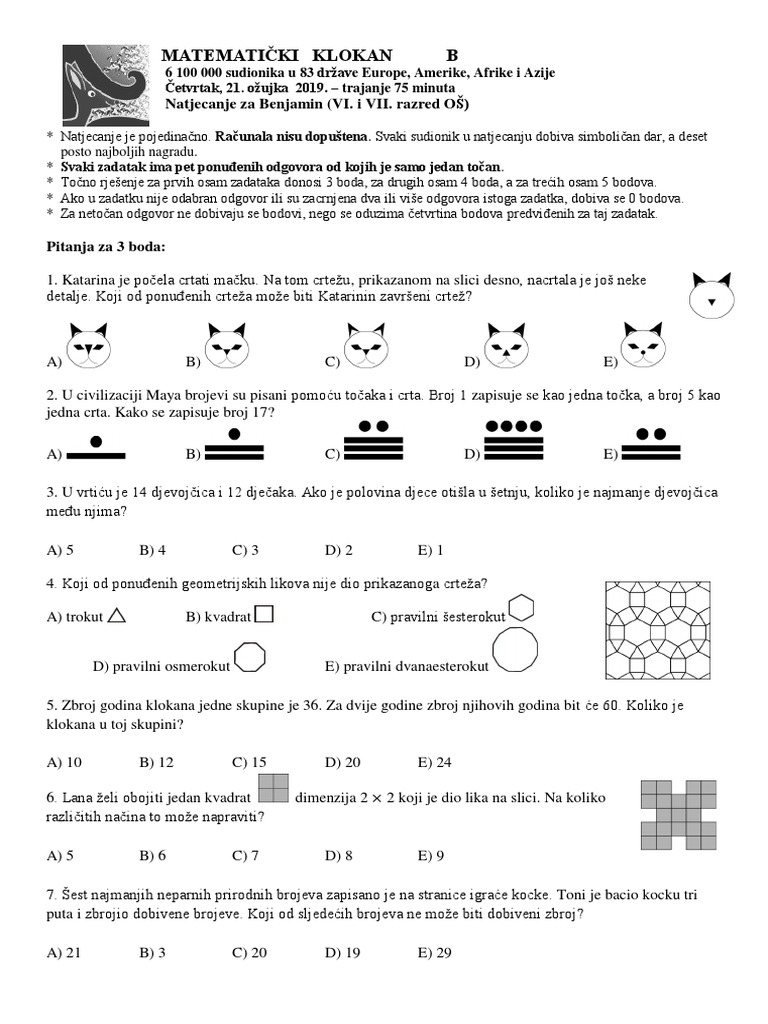 MATEMATICKI KLOKAN 2019 Zadaci | PDF