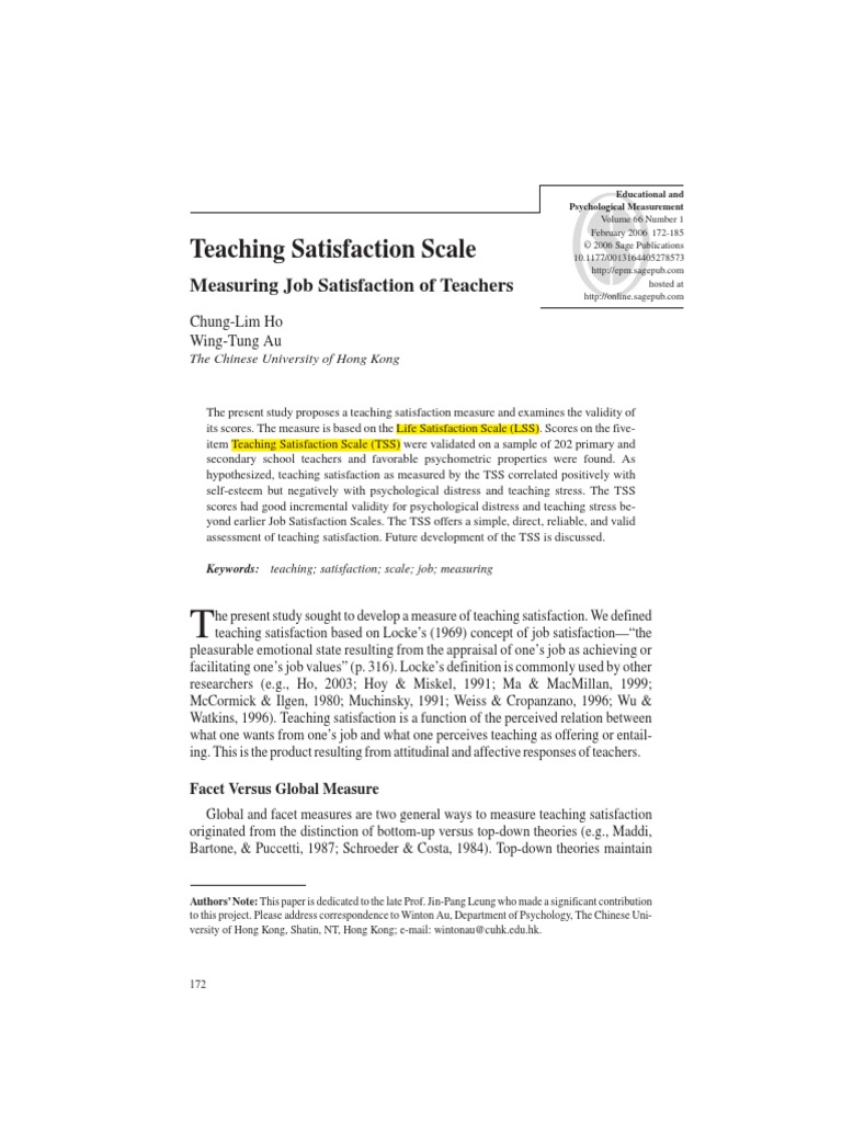 Ho, C.-L., & Au, W.-T. (2006) - Teaching Satisfaction Scale ...