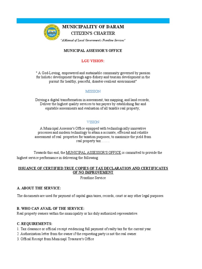 Municipal Assessor's Office Citizen's Charter | PDF | Taxes | Receipt