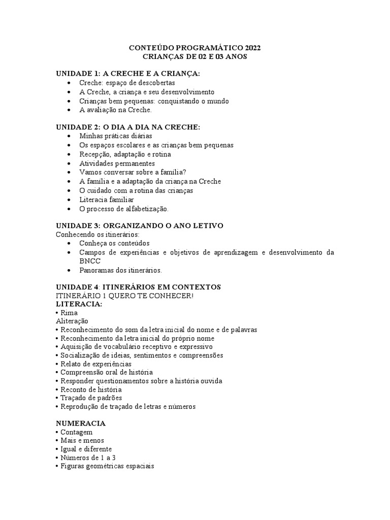 Conteúdo programático para crianças de 02 e 03 anos: itinerários de ...