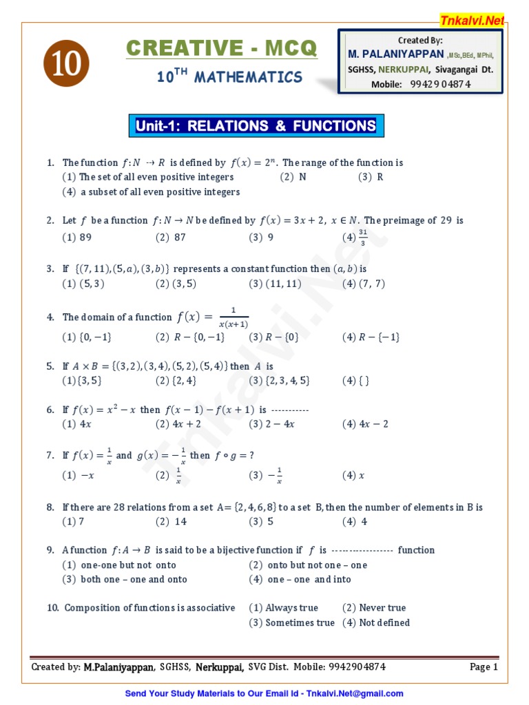 10th Maths - Creative One Mark Questions With Answer Key - English Medium | Download Free PDF ...
