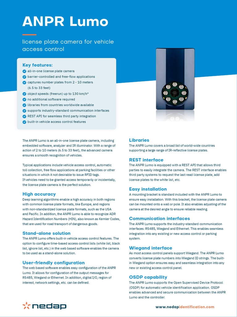 ANPR Lumo Datasheet en 1.6 | PDF | Camera | Access Control