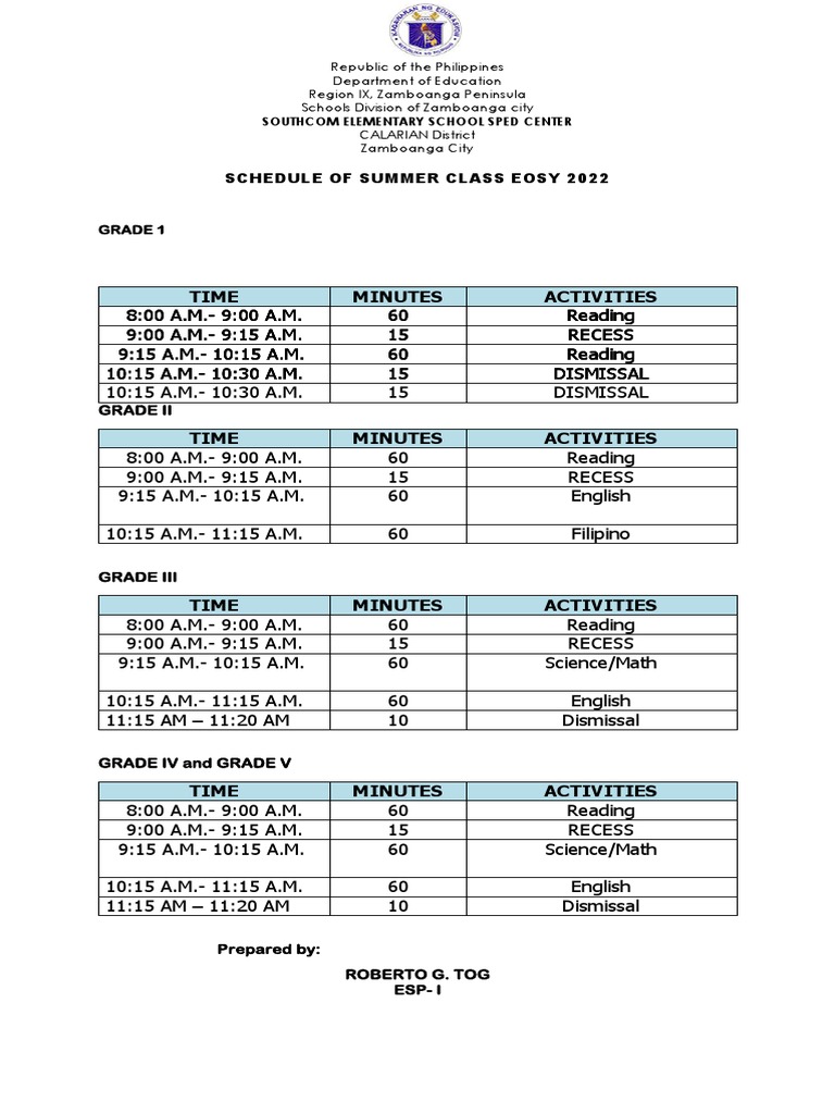 Schedule of Summer Class Eosy 2022 | PDF