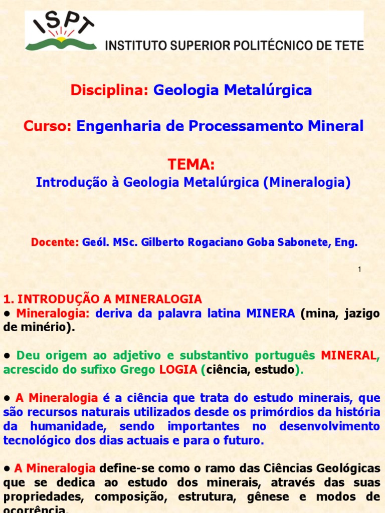 Geol. Met. Cap.1 PPT Introducao A Mineralogia | PDF | Mineralogia | Minerais
