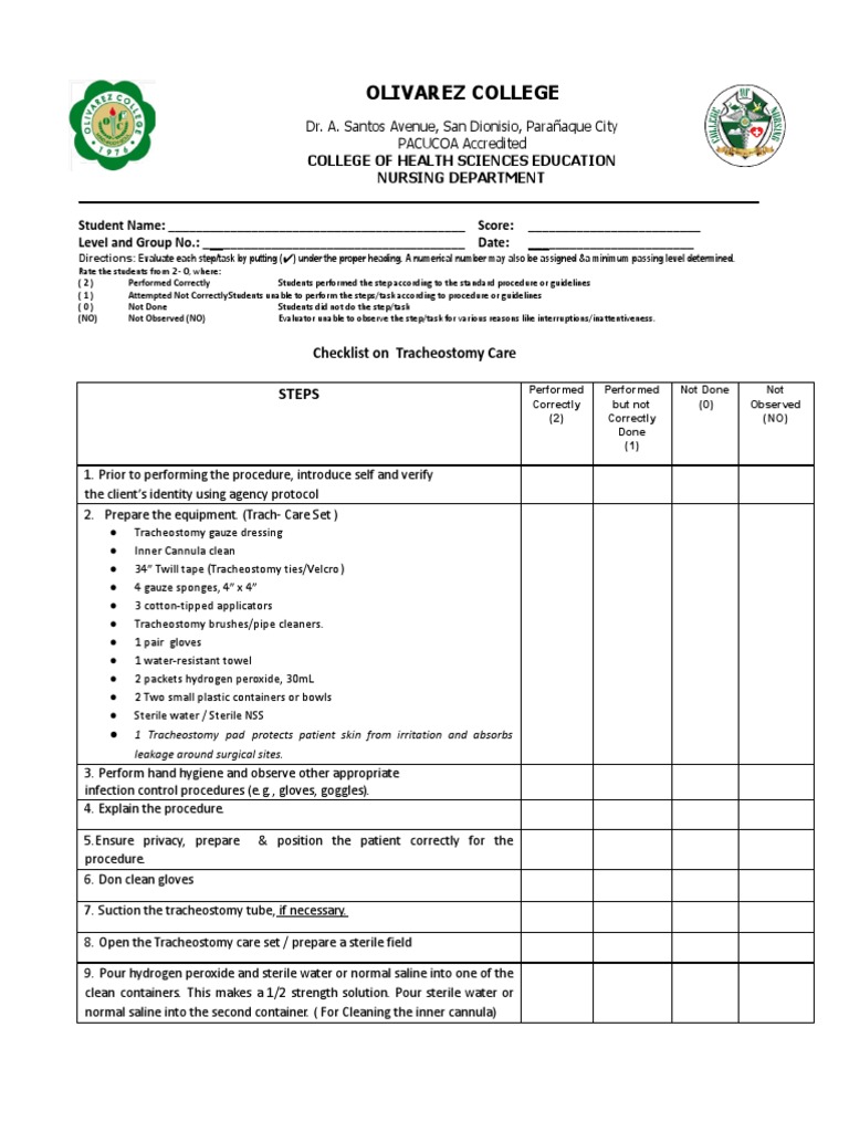 Tracheostomy Care Skills Checklist | PDF | Health Care | Clinical Medicine