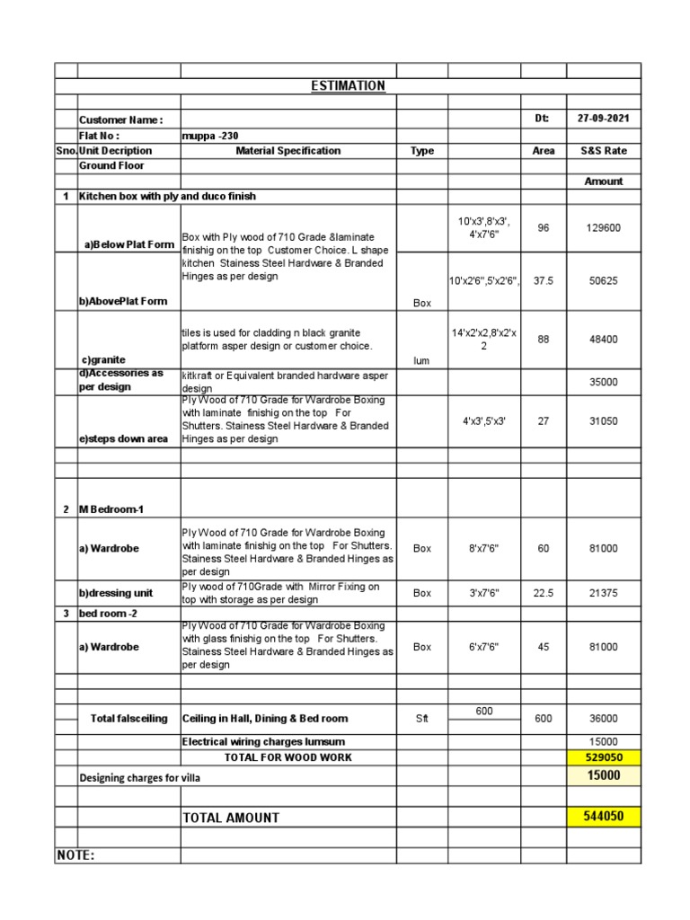 Muppa Villa No 230 Rev Estimation | PDF | Architectural Elements | Building Engineering