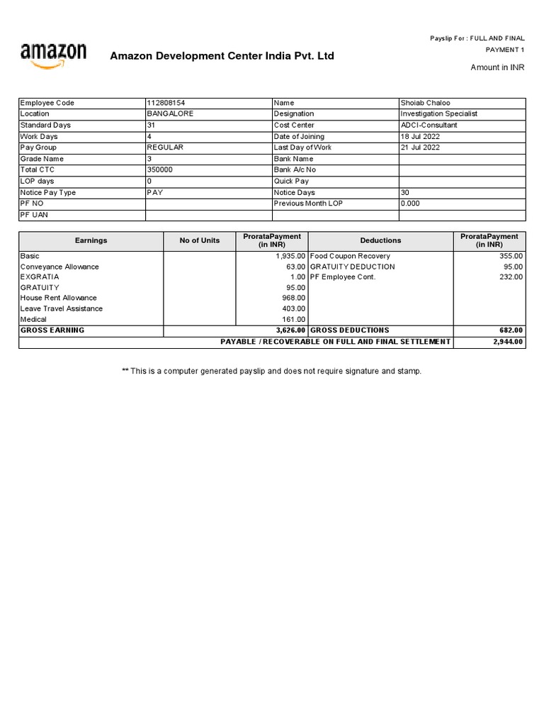 Full and Final Payment 1 | PDF | Paycheck | Payments