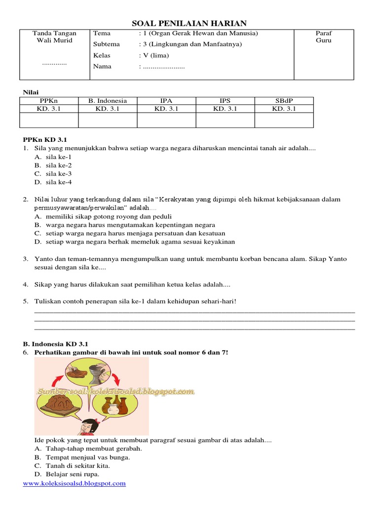 Soal Penilaian Harian Kelas 5 Tema 1 Subtema 3 | PDF