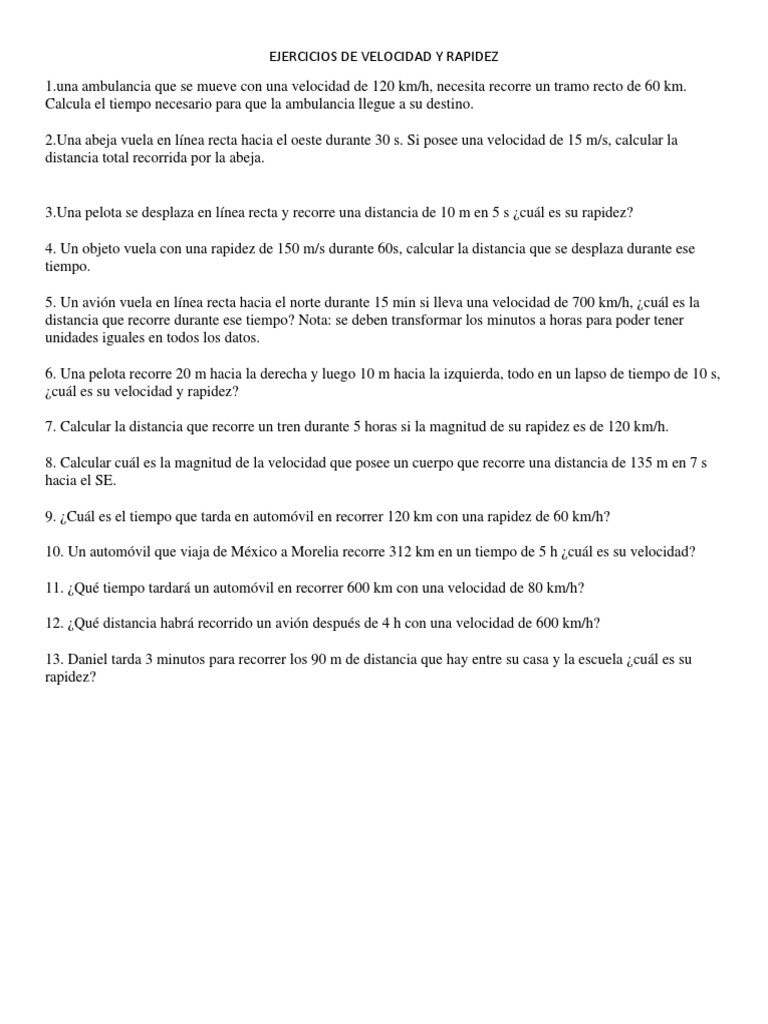 Ejercicios de Velocidad y Rapidez | PDF