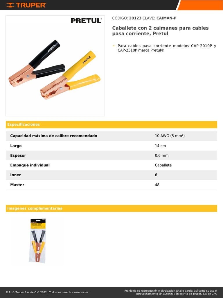 Caimanes para Cable Pasa Corriente, 2 Piezas, PRETUL 20123 | PDF