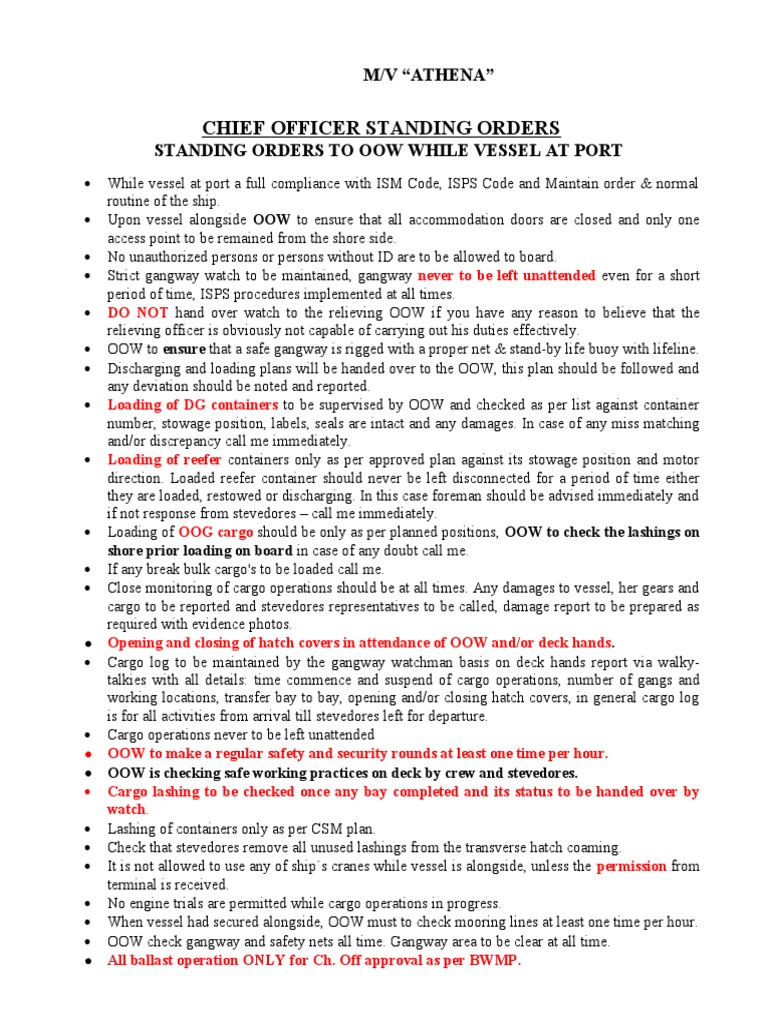 Chief Officer Standing Orders at Port | PDF | Cargo | Stevedore