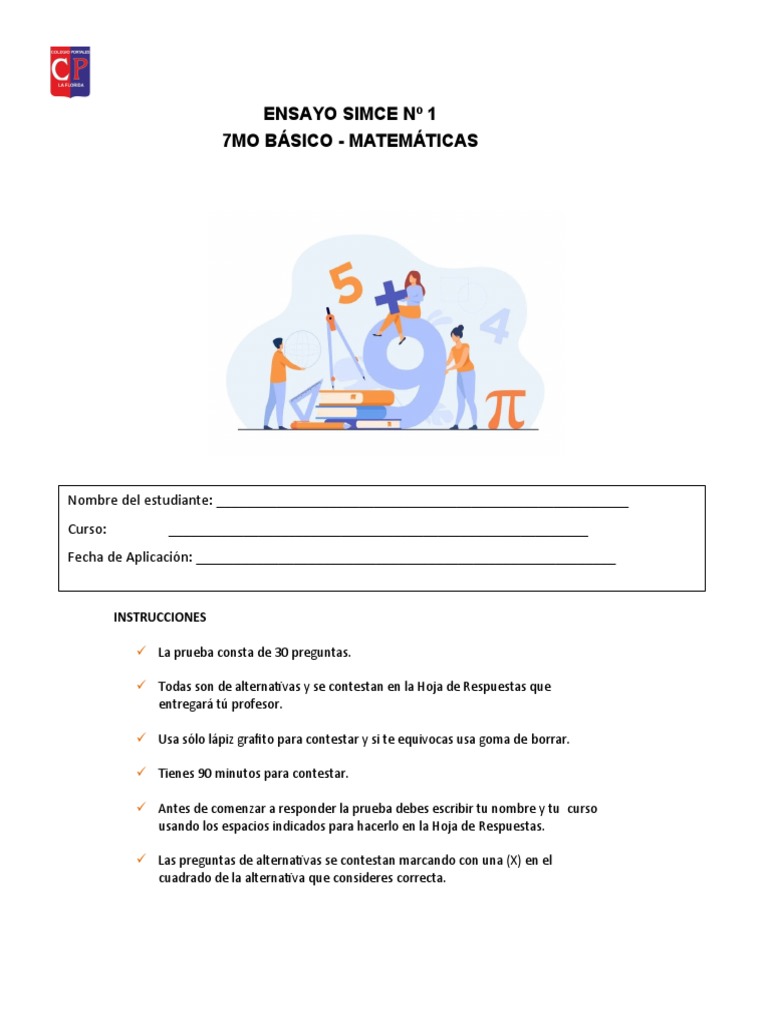 Ensayo 1 Matematica 7º Básico | PDF | Lápiz
