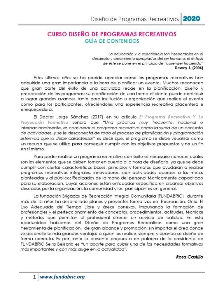 Diseño de Programas Recreativos 2020 | PDF | Planificación | Diseño