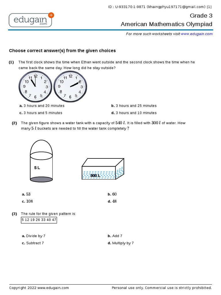 Grade3-AMO 1 | PDF | Elementary Mathematics | Arithmetic