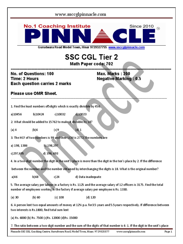 702-Question-Paper-Math Pinnacle | Download Free PDF | Area ...