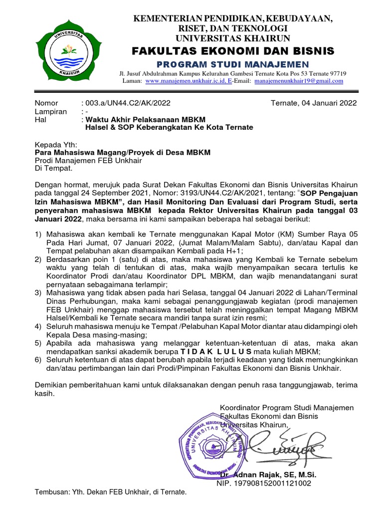 101... Surat Pemberitahuan Kembali Ke Ternate, & Sop Uas MBKM Januari 2022 | PDF