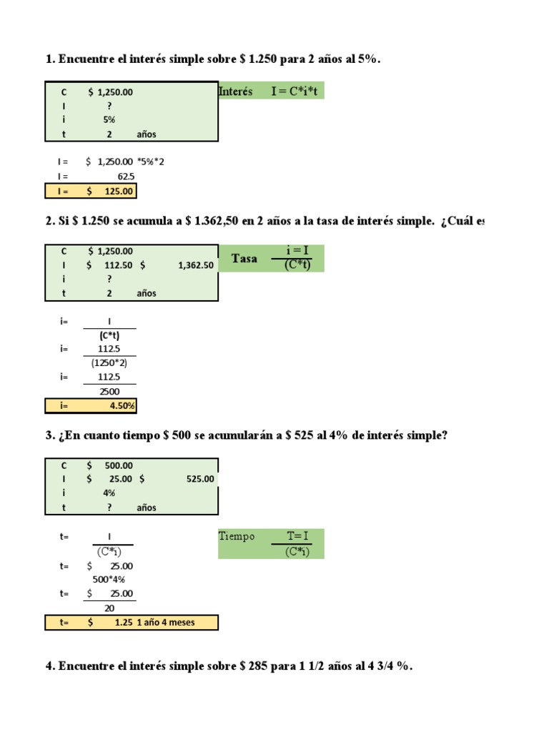 Cálculo de intereses simples sobre diferentes cantidades de dinero y ...