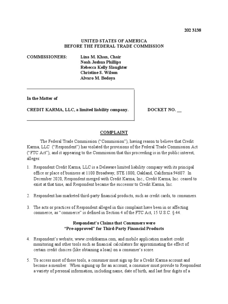 FTC Complaint Against Credit Karma | PDF | Federal Trade Commission ...