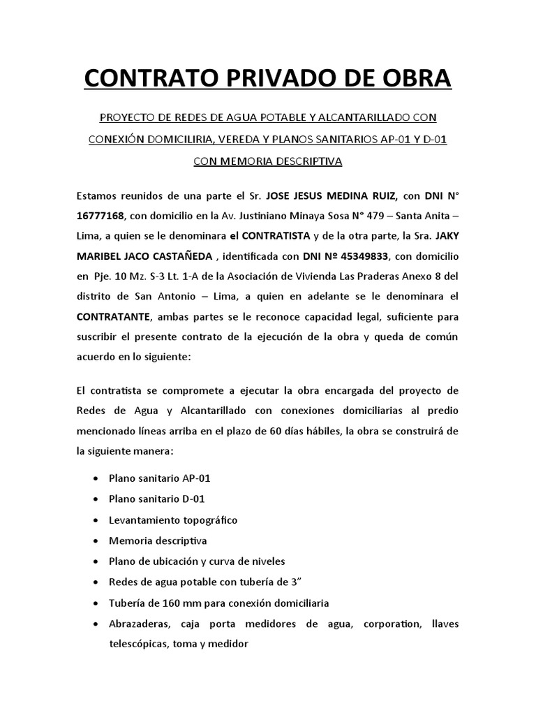 Contrato Privado de Obra - Medina | PDF | Suministro de agua | Agua y política