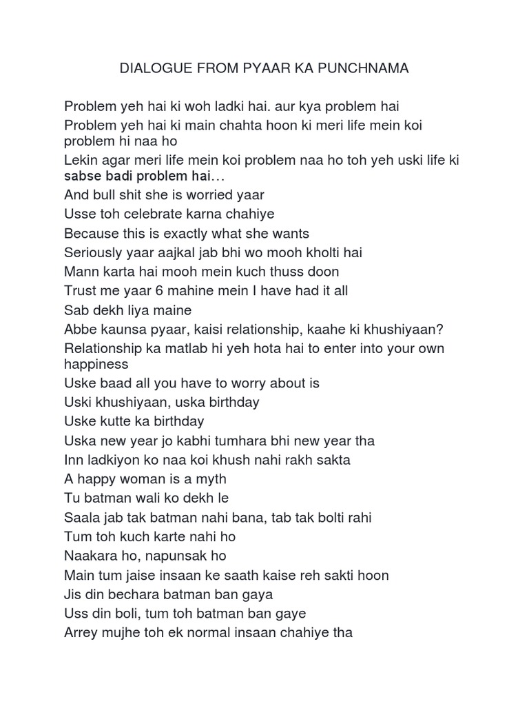 Dialogue From Pyaar Ka Punchnama | PDF | Language Arts & Discipline