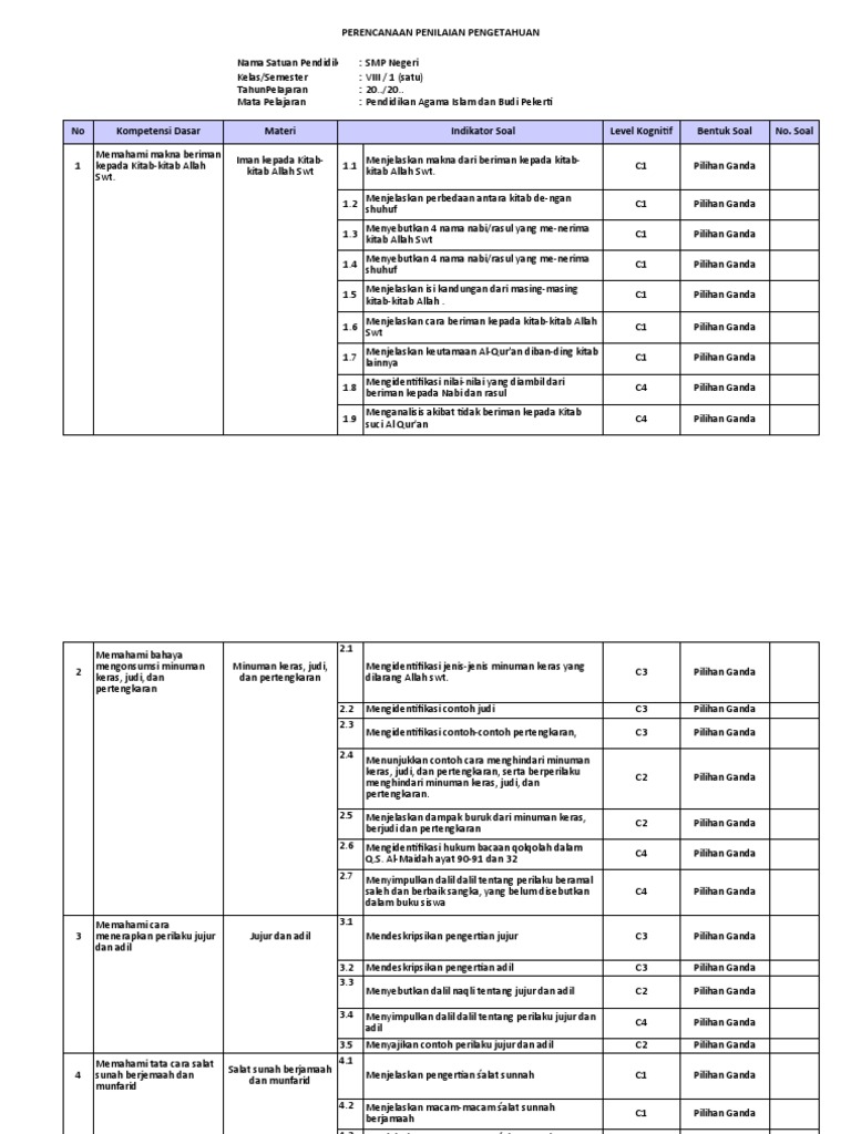 H. Program Penilaian Paipb Kelas 8 k13 | PDF