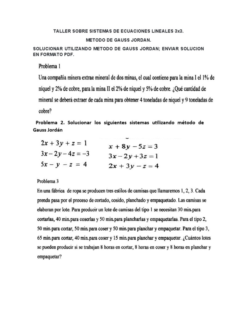 Taller Sobre Sistemas de Ecuaciones Lineales 3x3 | PDF