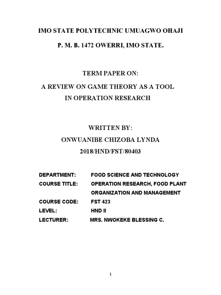 A Review On Game Theory As A Tool in Operation Research | PDF | Game ...