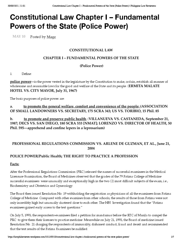 Constitutional Law Chapter I - Fundamental Powers of The State (Police ...