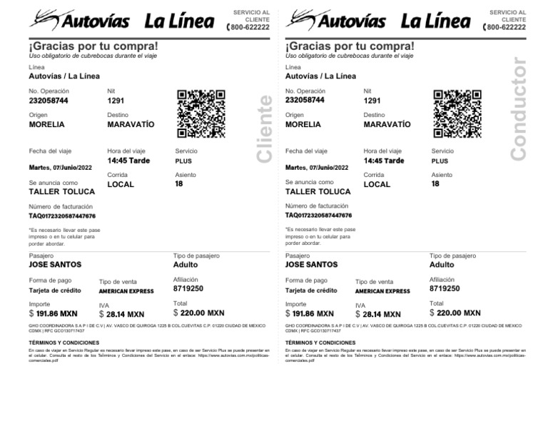 Ticket de autobús para viaje de Morelia a Maravatío con detalles de ...