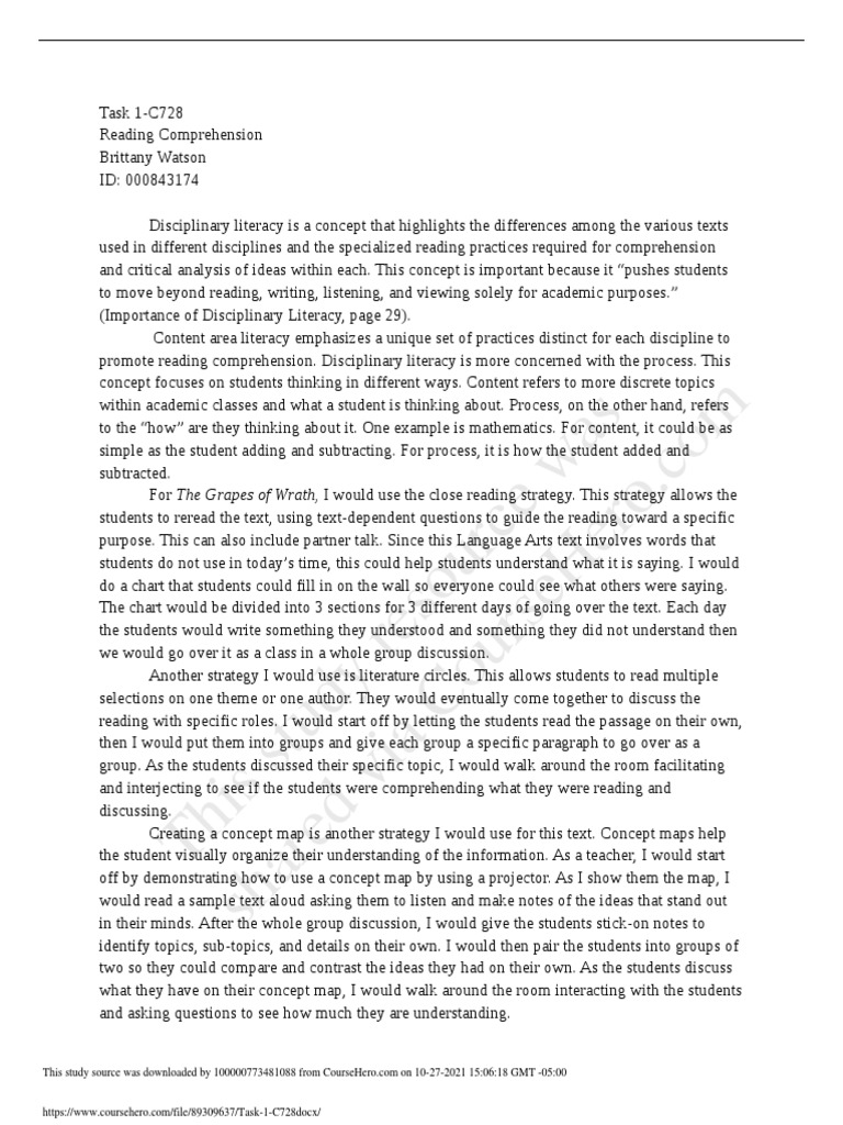 Task 1 C728 | PDF | Reading Comprehension | Education Theory