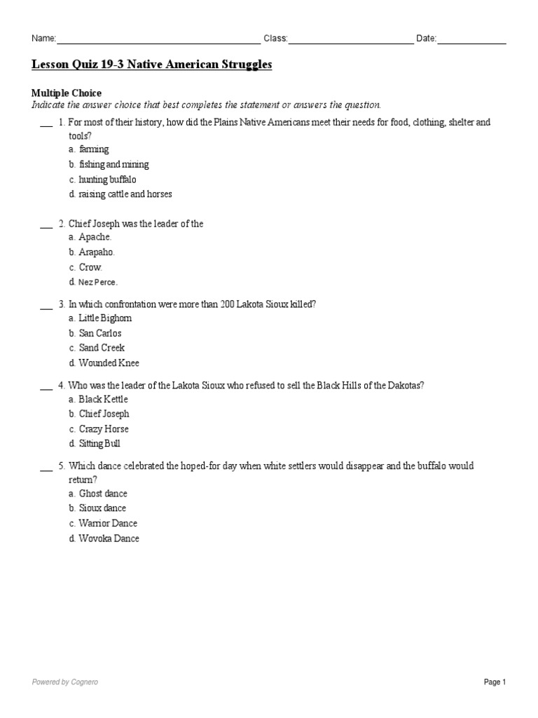 Lesson Quiz 19 3 Native American Struggles | PDF | Travel | History