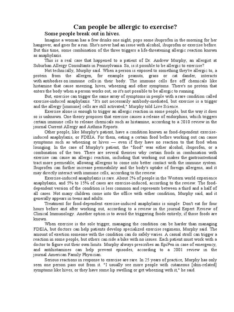 Can People Be Allergic To Exercise | PDF | Allergy | Allergen