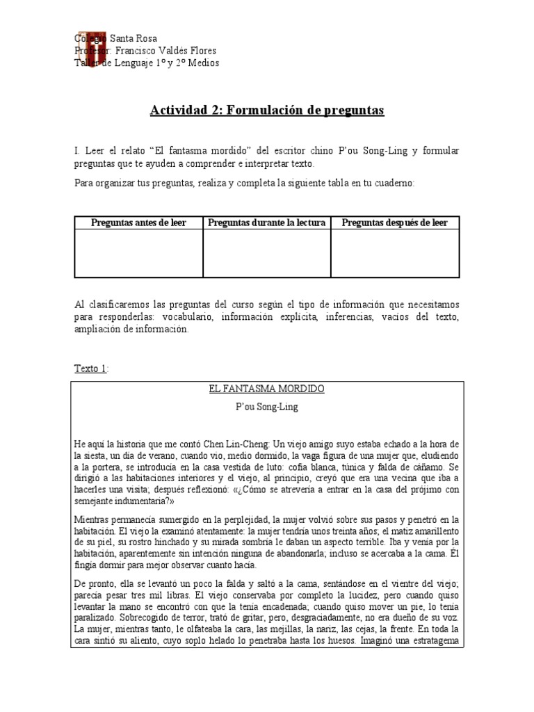 Actividad 2: Formulación de Preguntas: Preguntas Antes de Leer ...