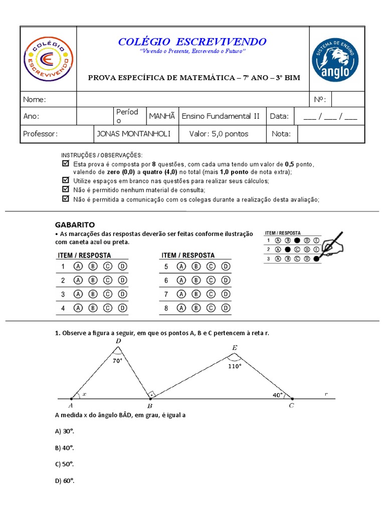 7º Ano - Prova Específica de Mat - 3º Bim | PDF