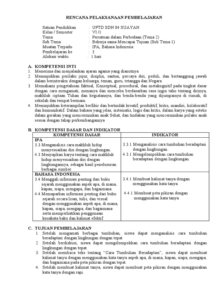 RPP Tematik Kelas 6 RN | PDF