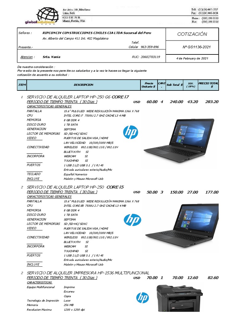 Lchavez - Cotizacion GS 1136-2021 Ripconciv 7 Laptops HP 250 1 Impresora HP X 30 Dias | PDF ...