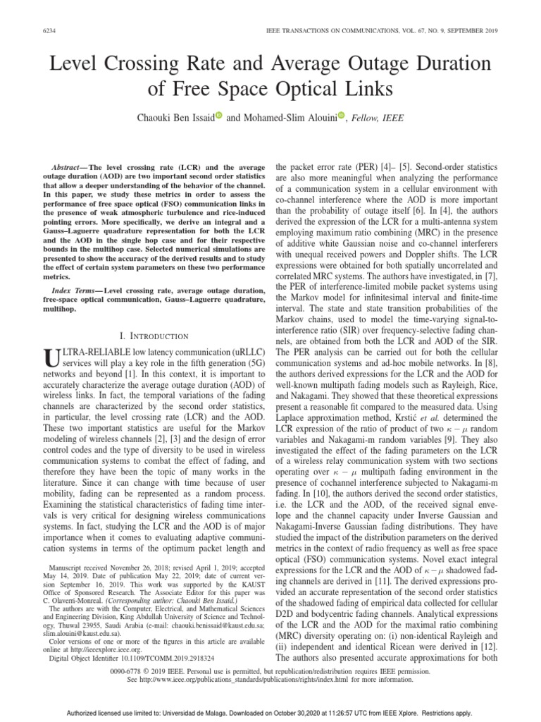 Level Crossing Rate and Average Outage Duration of Free Space Optical ...
