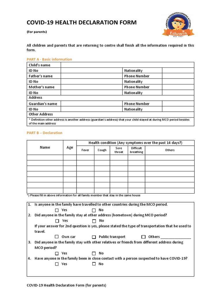 PMCO5 Eduwis COVID-19 Health Declaration Form (For Parents) | PDF ...