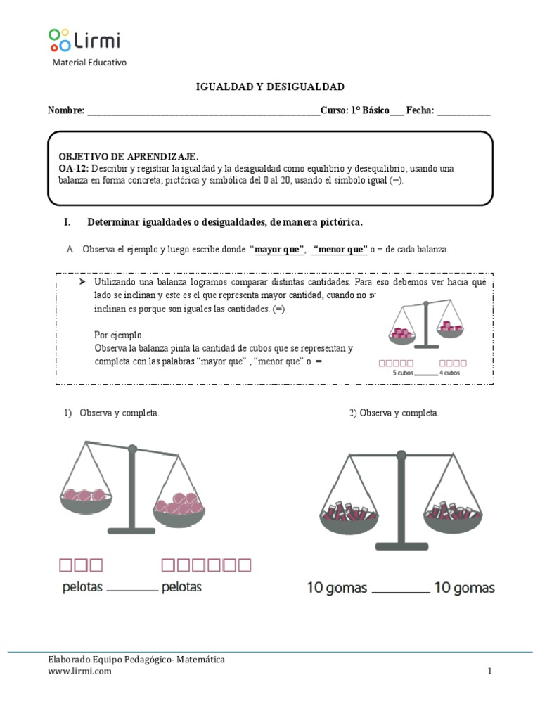 OA-12 Primero Basico - Matemática - Balanza | PDF | Desigualdad social ...
