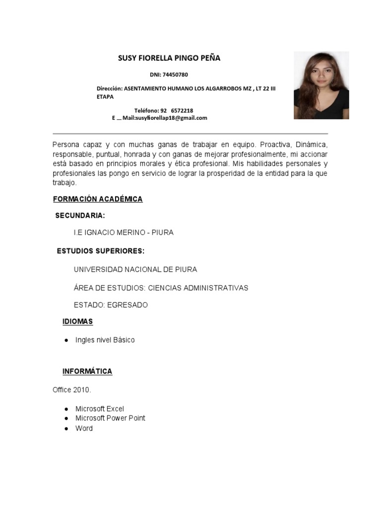 Curriculum Susy Fiorella Pingo Peña | PDF