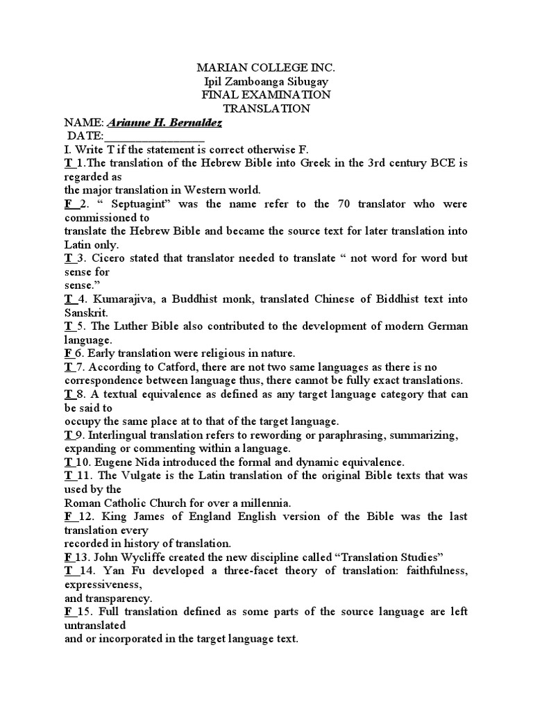 Translation Exam at Marian College | PDF | Translations | Bible
