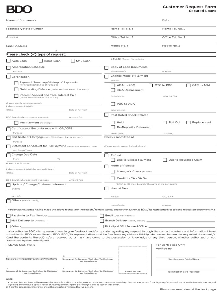 BDO Customer Request Form Guide | PDF | Mortgage Loan | Loans