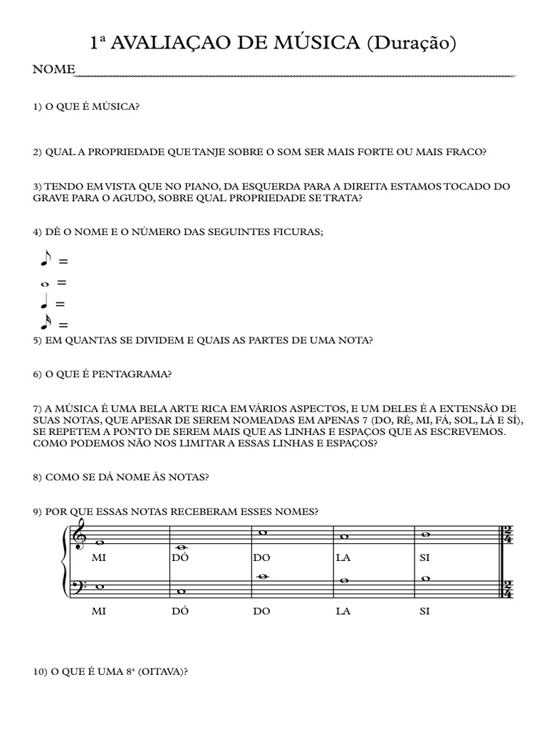 1 AVALIAÇAO DE MÚSICA (Duração) - Prova de Teoria (JV) | PDF | Notação ...