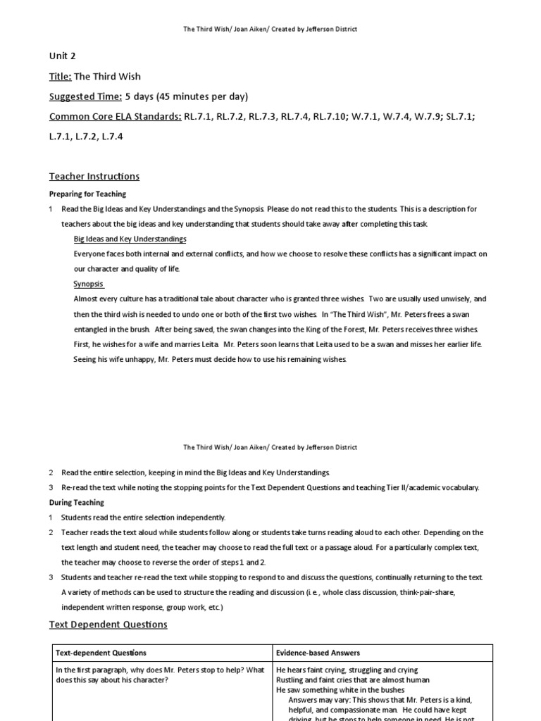 "The Third Wish Lesson Plan" | PDF