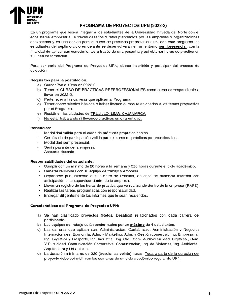 Programa Proyectos UPN 2022-2 | PDF | Economias | Business