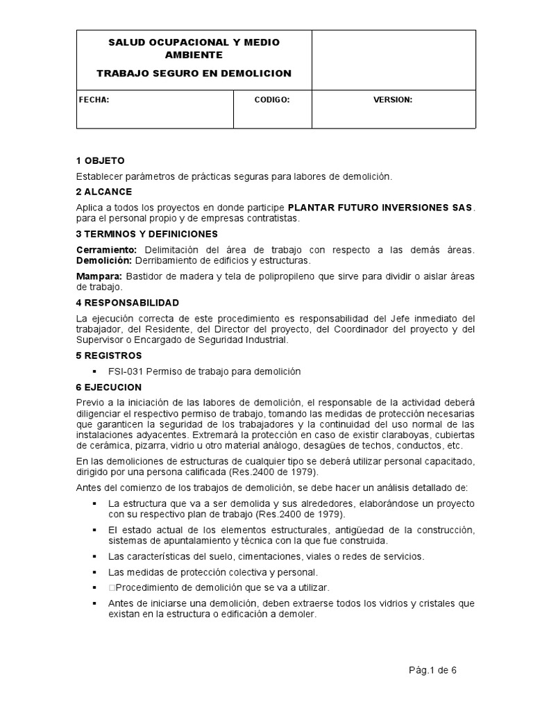 Procedimiento Demolicion | PDF | Demolición | Seguridad y salud ocupacional