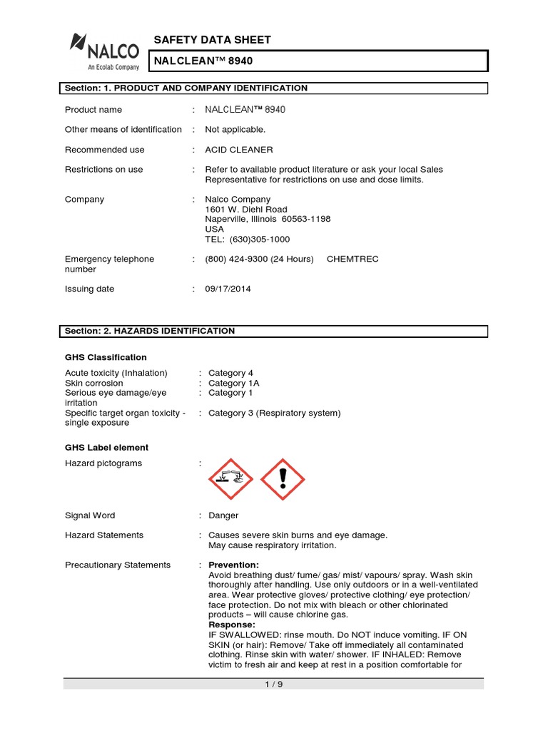 SDS Acid Cleaner | PDF | Hazardous Waste | Toxicity