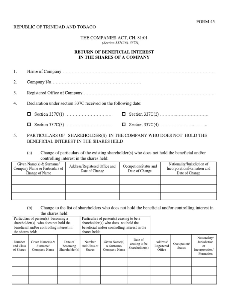 Form 45 - Return of Beneficial Interest | PDF | Shareholders | Companies